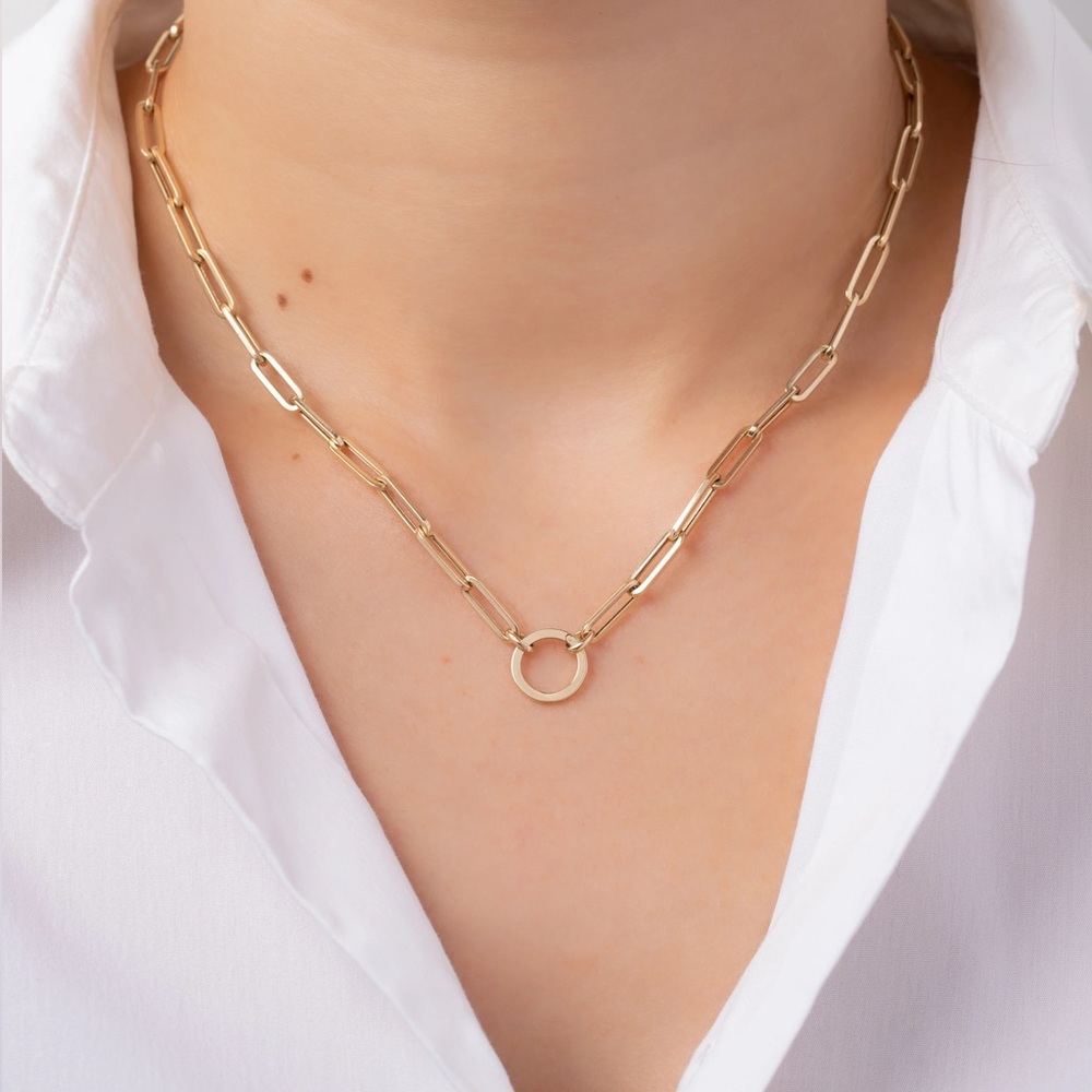 14k Real Gold Large Paper Clip Chain Necklace Zoe Lev - Gem